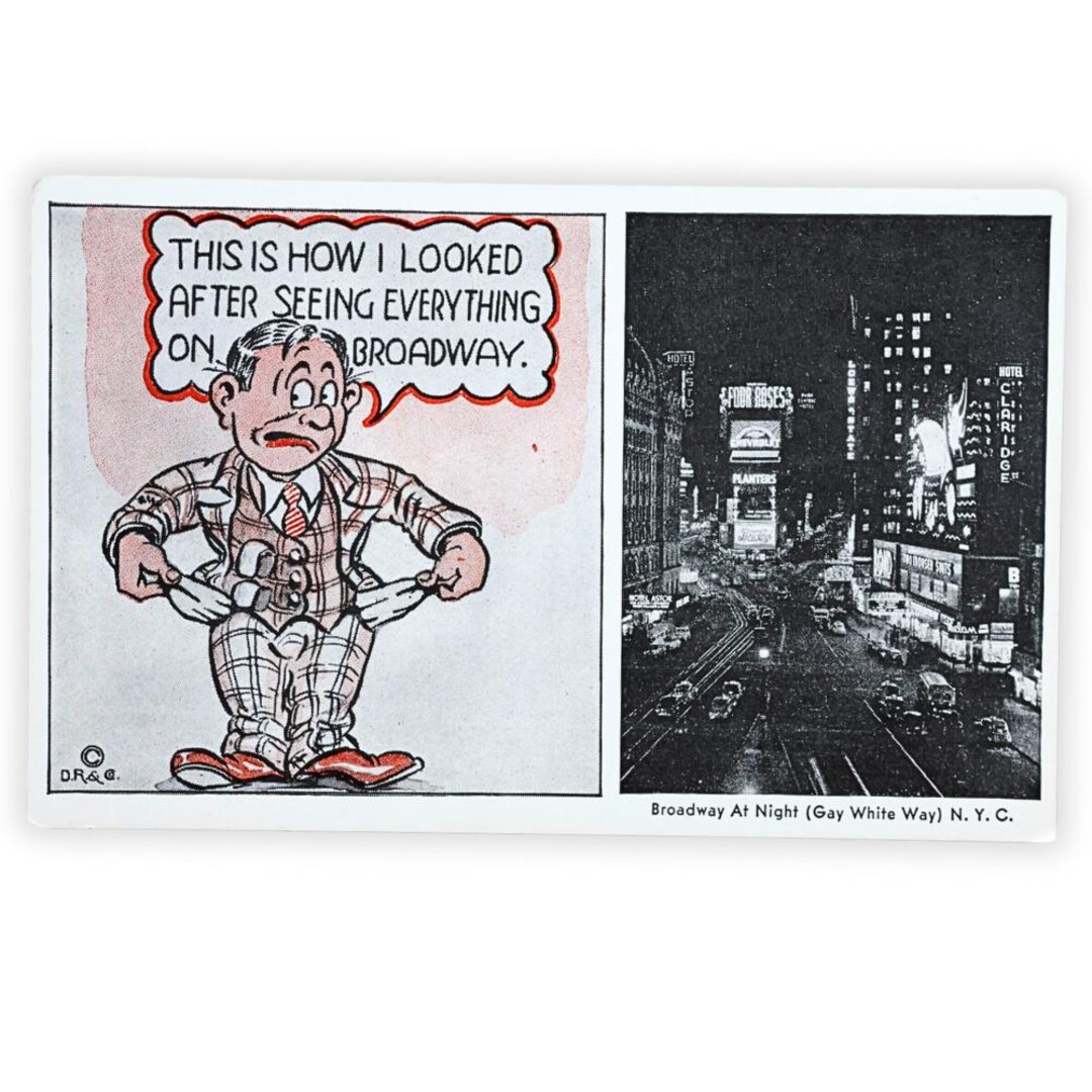 Vintage 1943 Broadway NYC Postcard Comic Art, Mid-century New York City ...