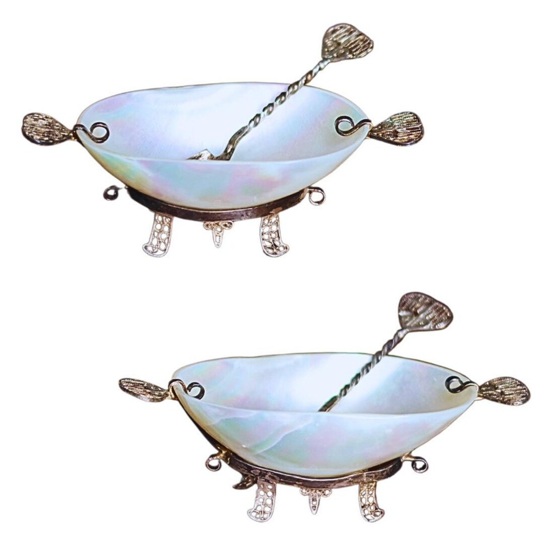 Antique Salt Cellar Set of 2 Mother of Pearl Sterling Silver Handmade ...