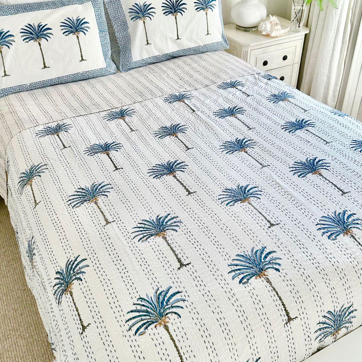 Palm Tree Kantha Quilt | Palm Tree Bedding | Indian Palm Tree Bedspread ...