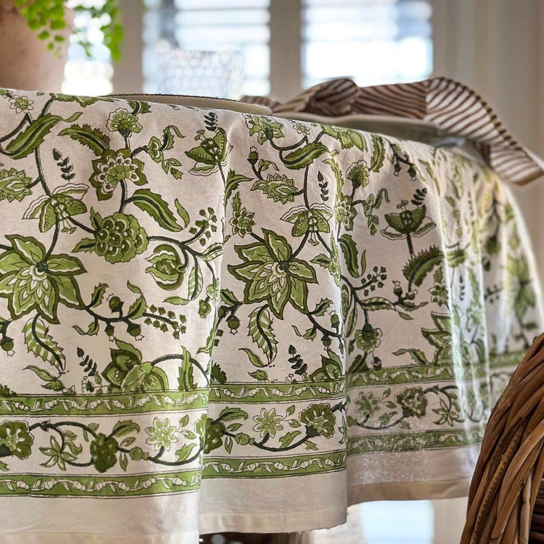 Hand Block Printed Round Tablecloth: Green Chintz Floral Cotton ...