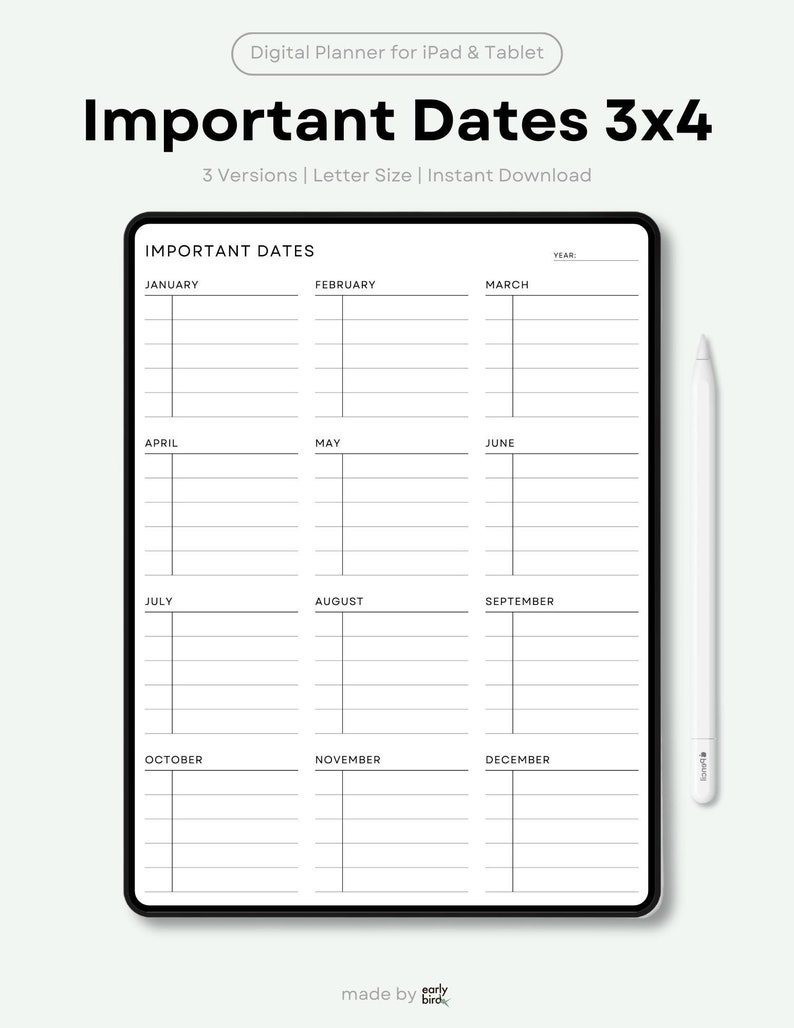 Important Dates 3x4 Yearly Overview for Student Productivity ...