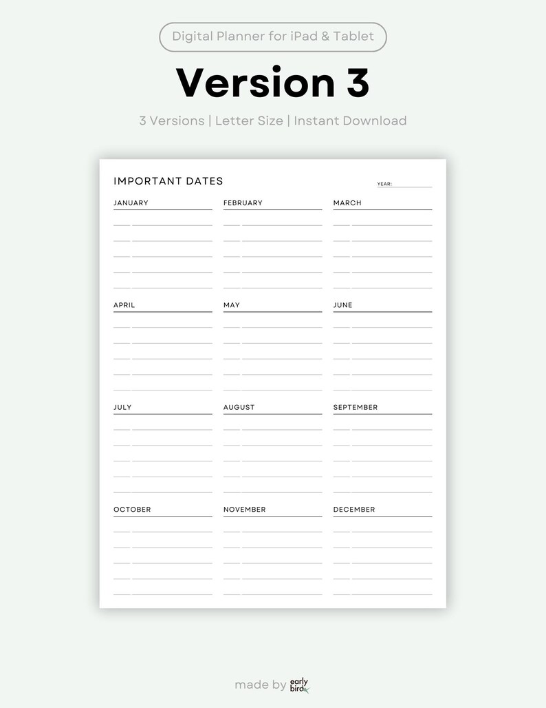 Important Dates 3x4 Yearly Overview for Student Productivity ...