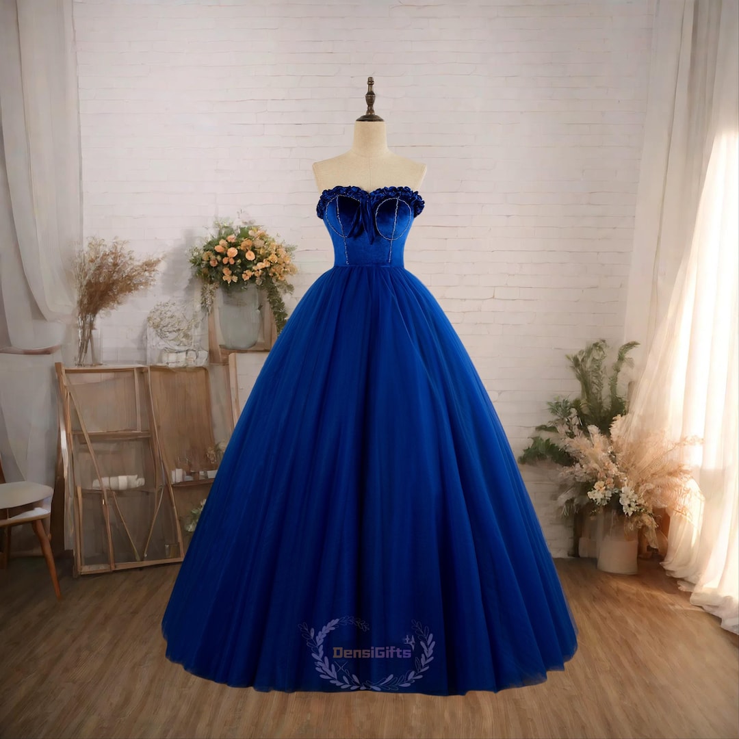 Royal Blue Prom Ball Gown, Strapless Party Dress, Elegant Velvet ...