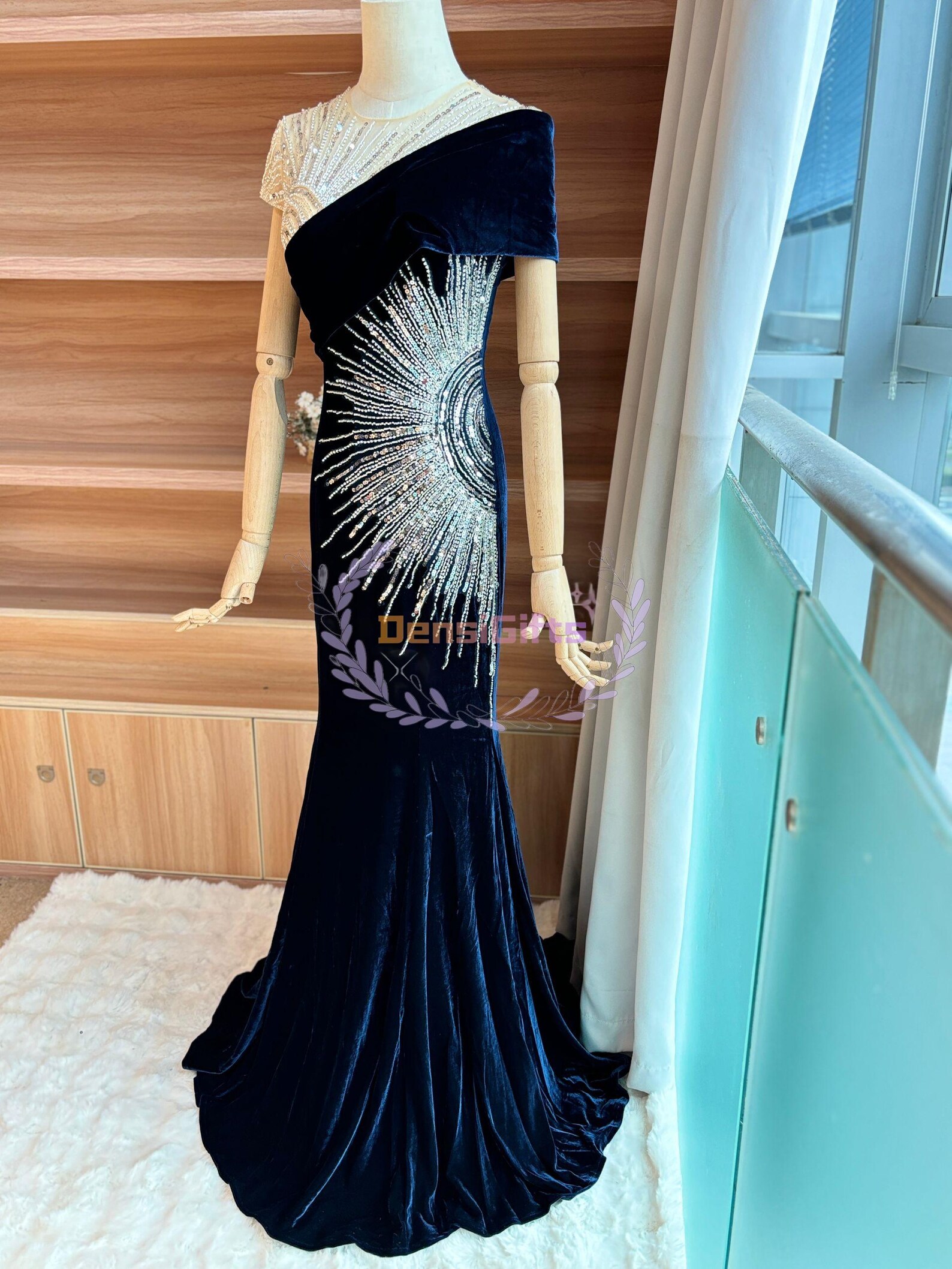 Blue Velvet Prom Dress, Luxury Hand Beaded Formal Party Dress, Mermaid ...