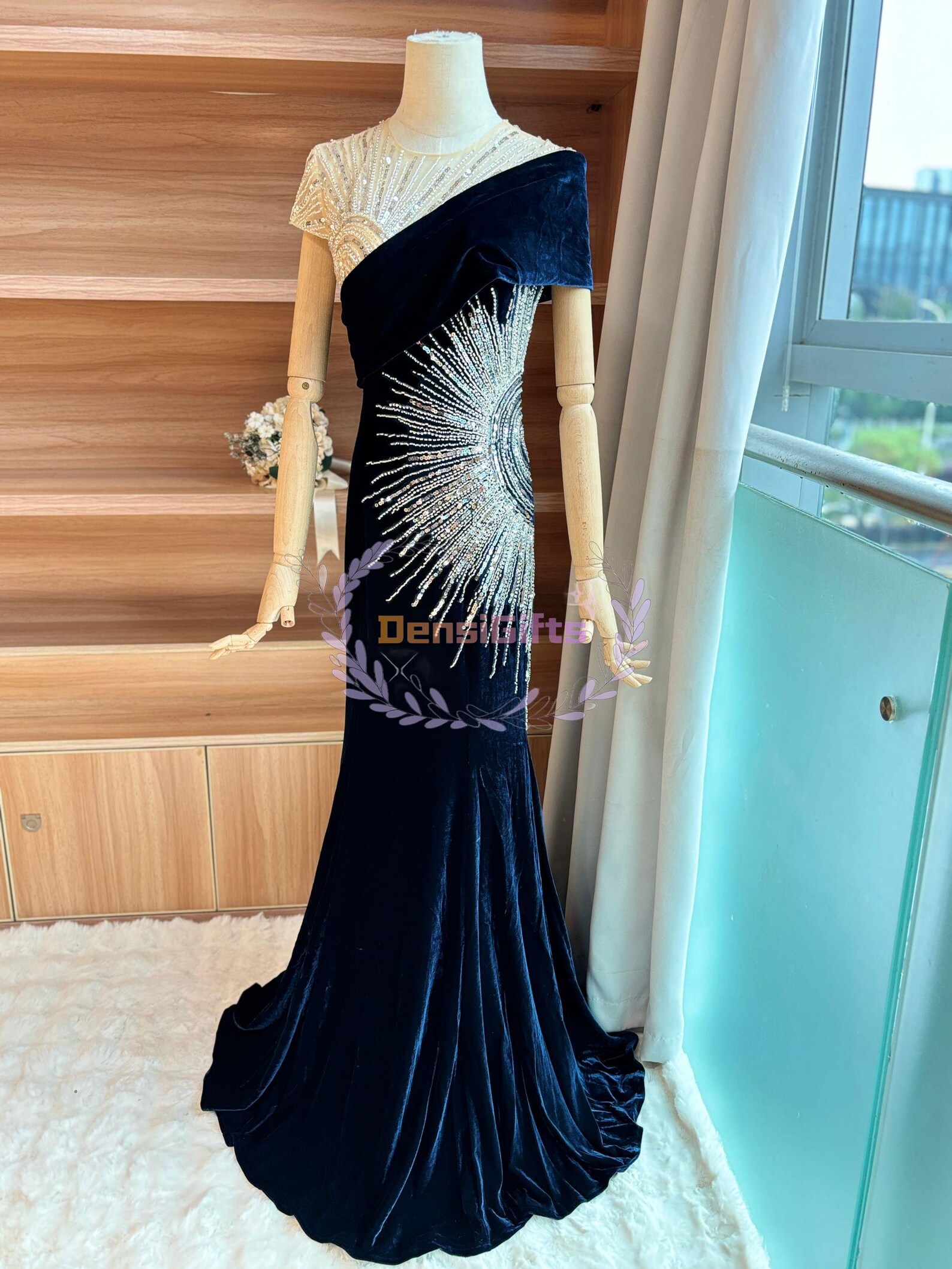 Blue Velvet Prom Dress, Luxury Hand Beaded Formal Party Dress, Mermaid ...