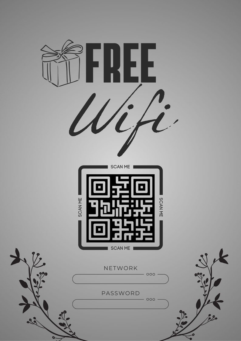 Black and White Simple Free Wifi QR Code Gift Poster With Flower Design ...