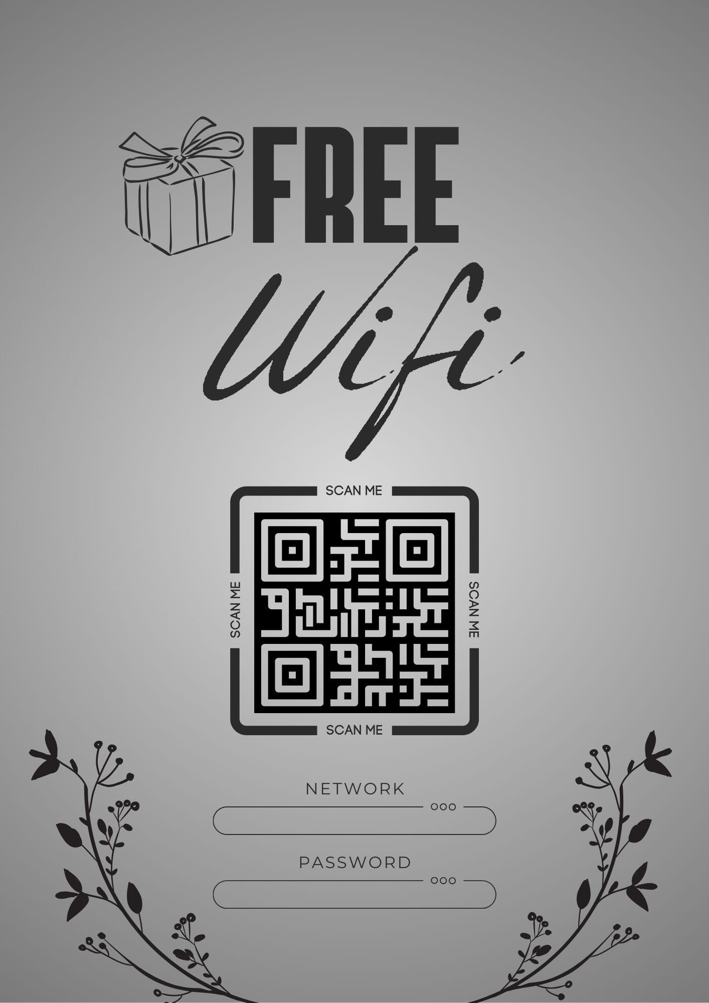 Black and White Simple Free Wifi QR Code Gift Poster With Flower Design ...