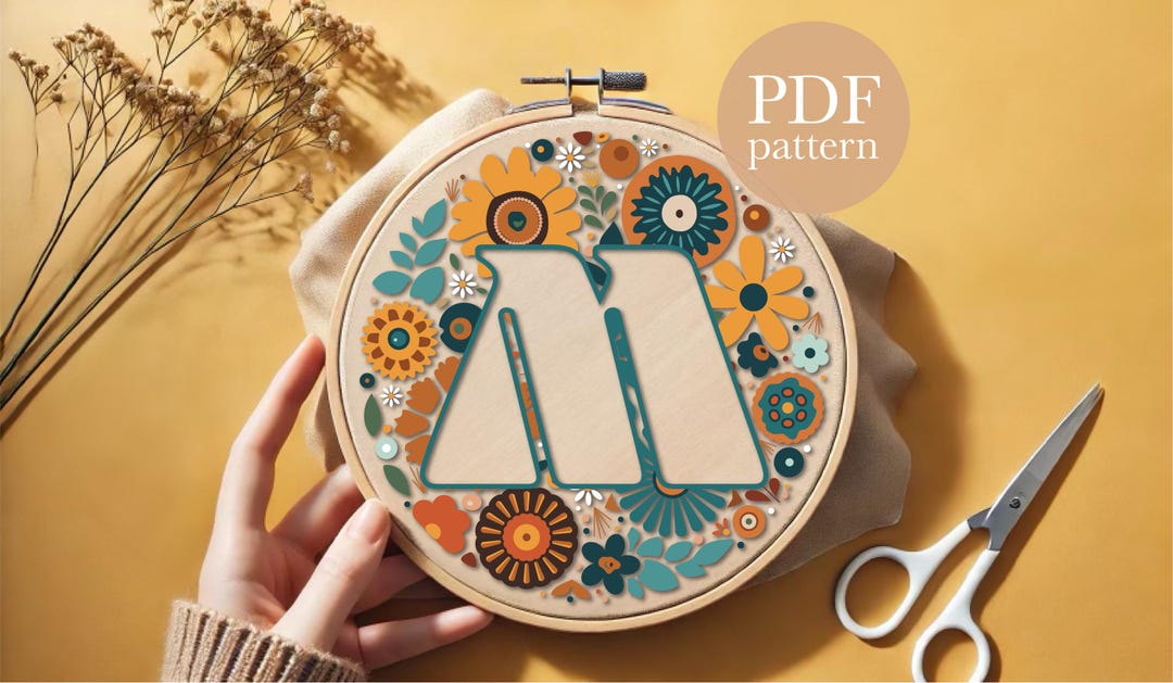 Retro Florals Letter "m" Hand Embroidery Pattern | Digital PDF Download ...