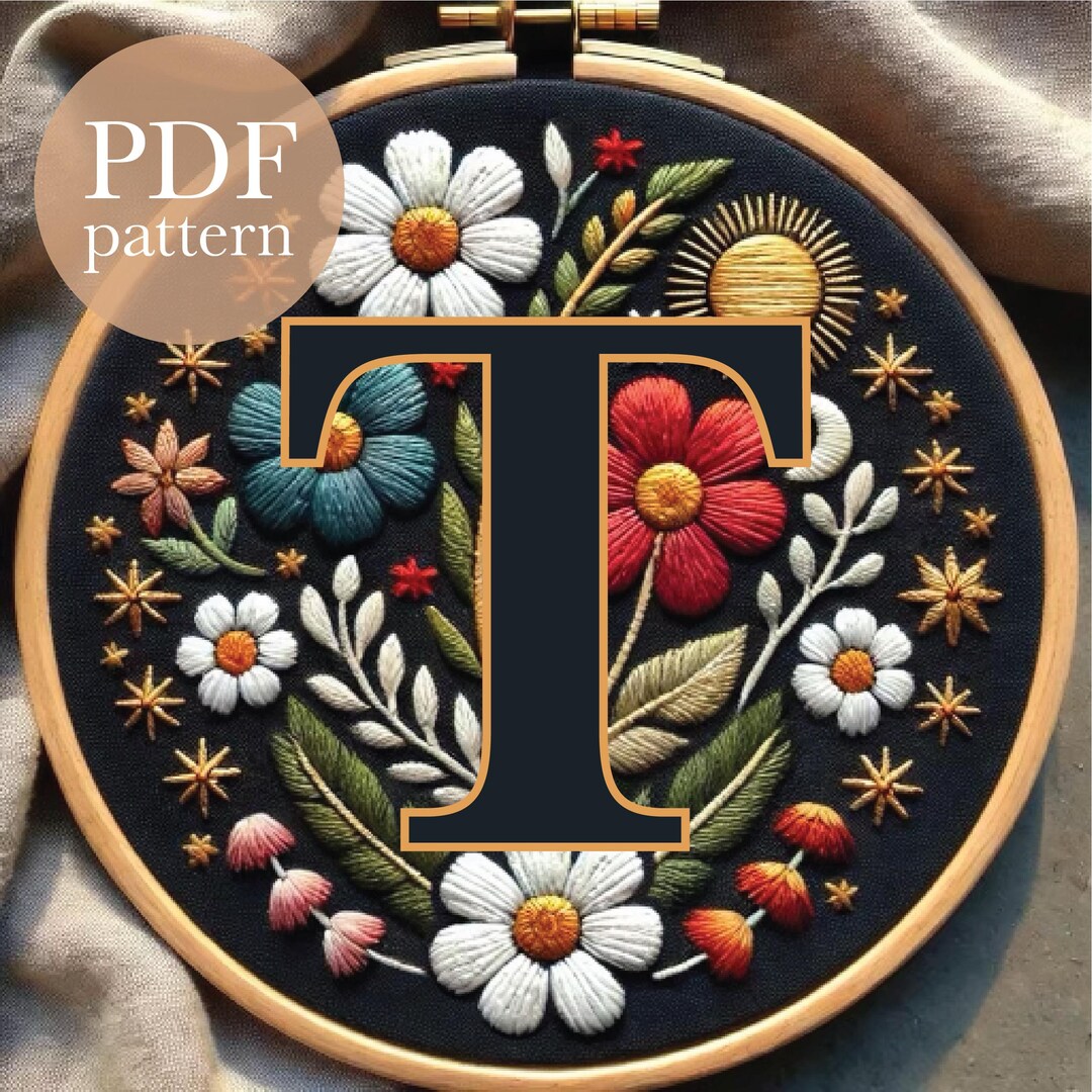 Celestial Blooms Letter "t" Hand Embroidery Pattern | Digital PDF ...