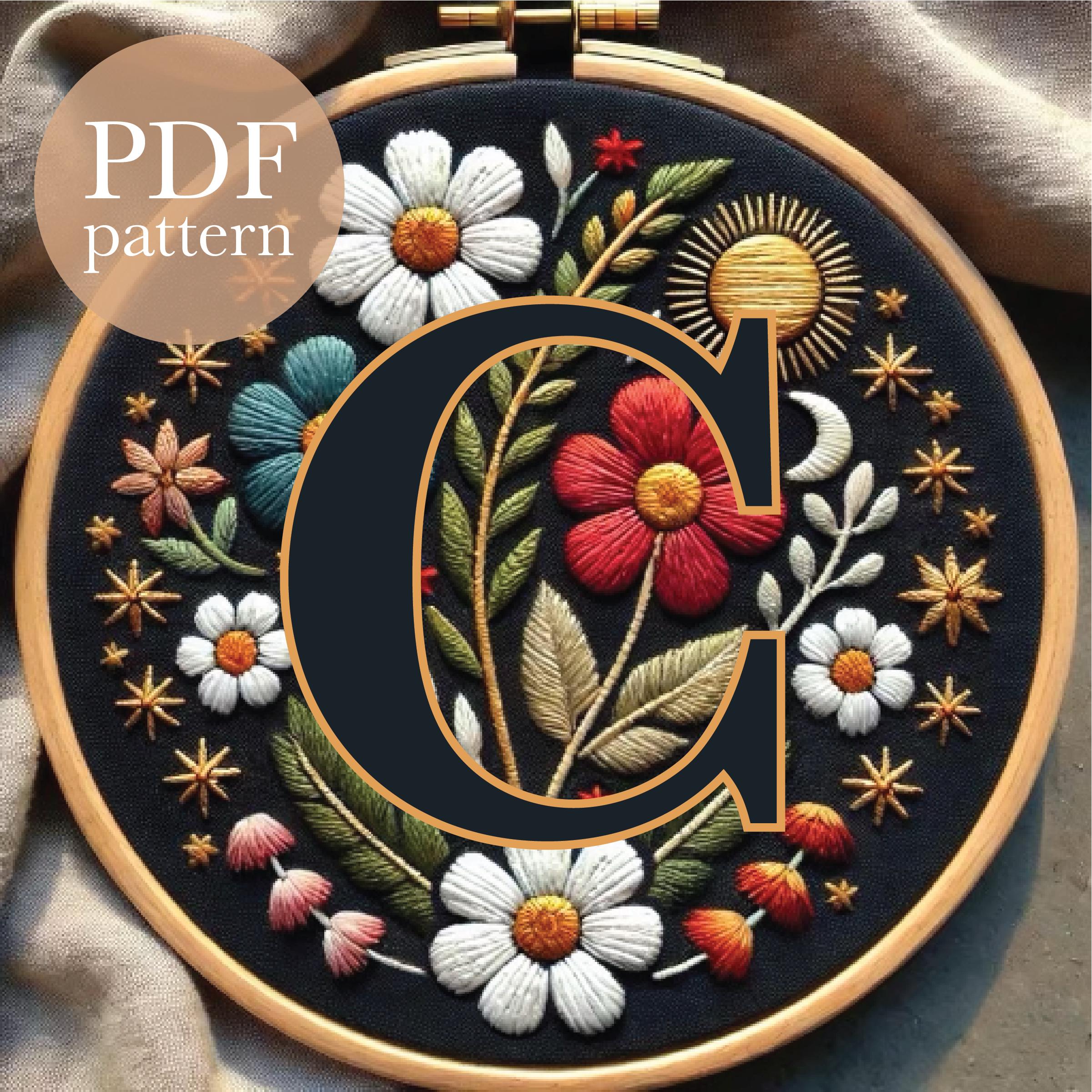 Celestial Blooms Letter "c" Hand Embroidery Pattern | Digital PDF ...
