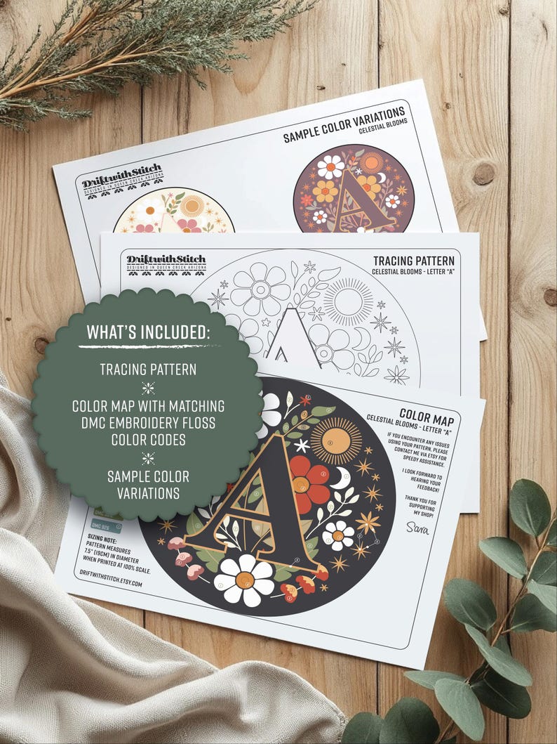 Celestial Blooms Letter "m" Hand Embroidery Pattern | Digital PDF ...