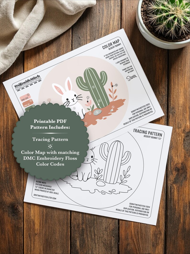 Desert Bunny Hand Embroidery Pattern | Digital PDF Download | Cactus and Rabbit DIY Hoop Art - Etsy