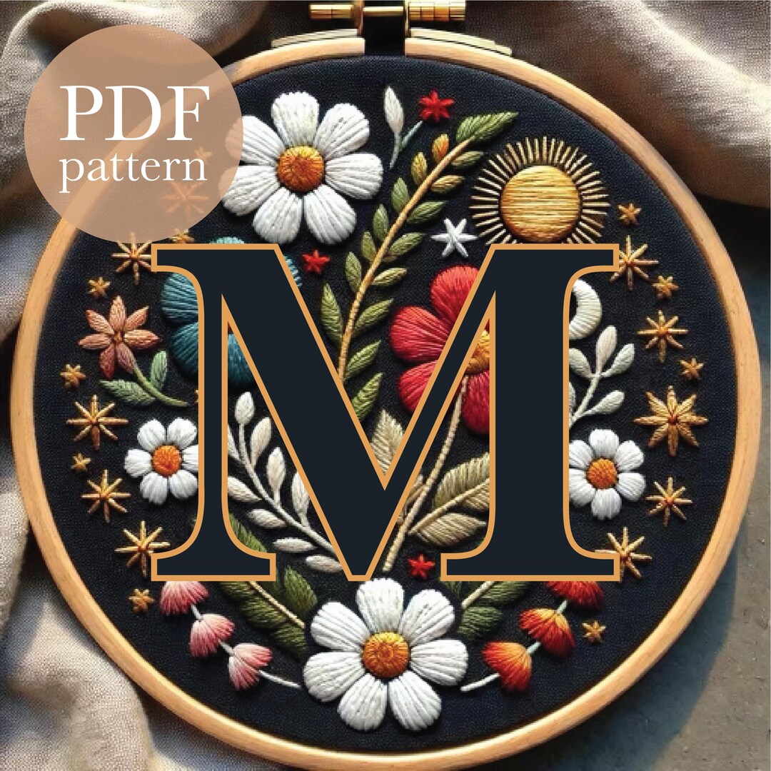 Celestial Blooms Letter "m" Hand Embroidery Pattern | Digital PDF ...