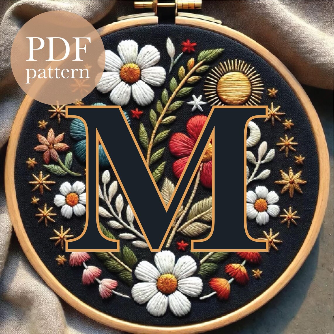 Celestial Blooms Letter "m" Hand Embroidery Pattern | Digital PDF ...