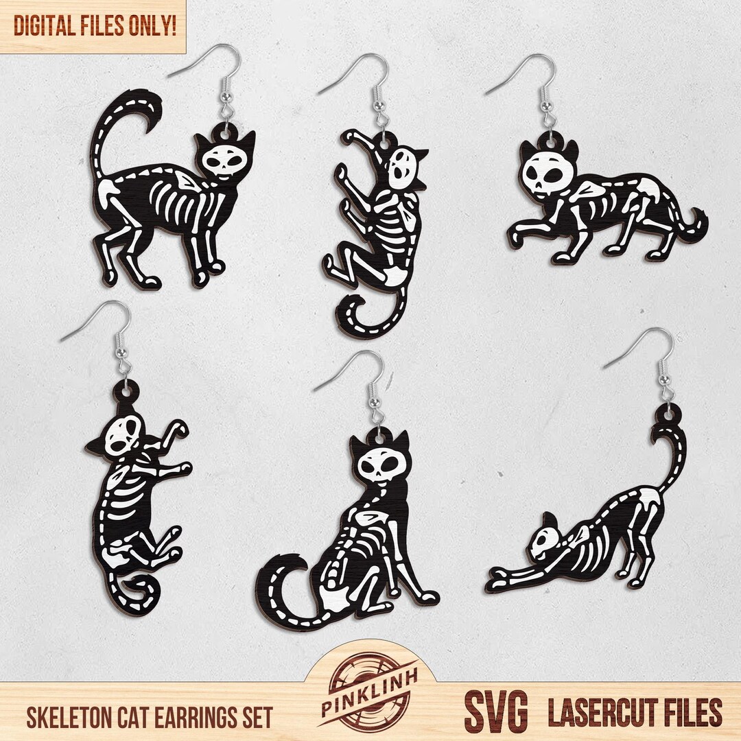 Skeleton Cat Earrings Svg, Halloween Cat Earrings Svg, Skeleton Cat SVG ...
