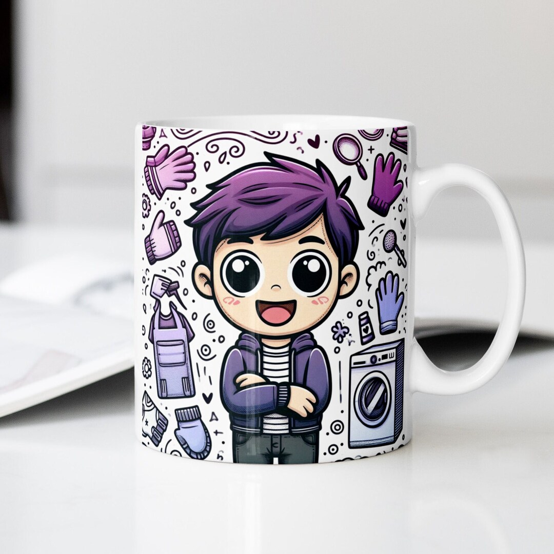 Cute Cartoon Boy With Purple Hair Cleaning Mug Fun and Playful Cleaning ...