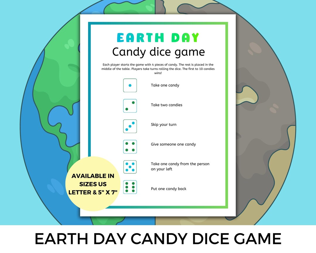 Earth Day Candy Dice Game Printable, Classroom Party Game, Earth Day ...