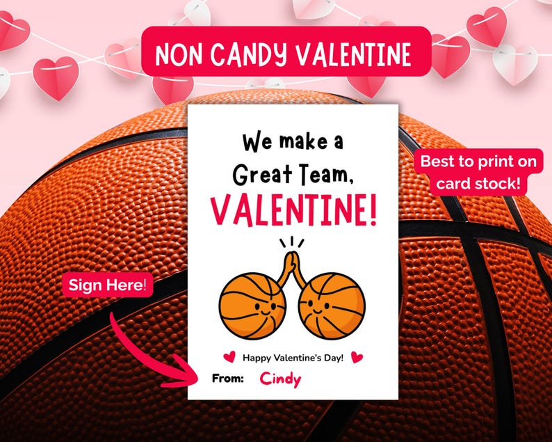 Basketball Valentine Gift Tag Card, Printable Sports Valentines Day ...