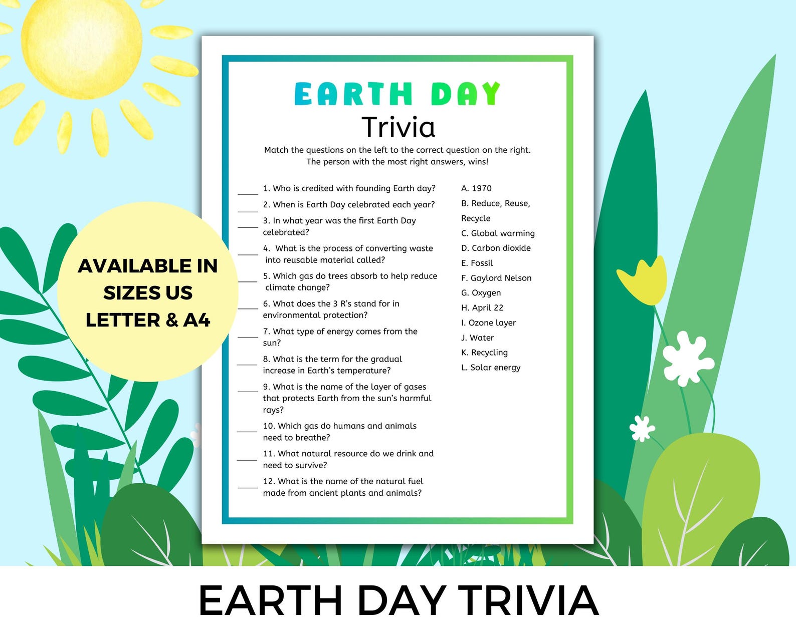 Earth Day Trivia Game Printable, Earth Day Quiz for Kid, Educational ...