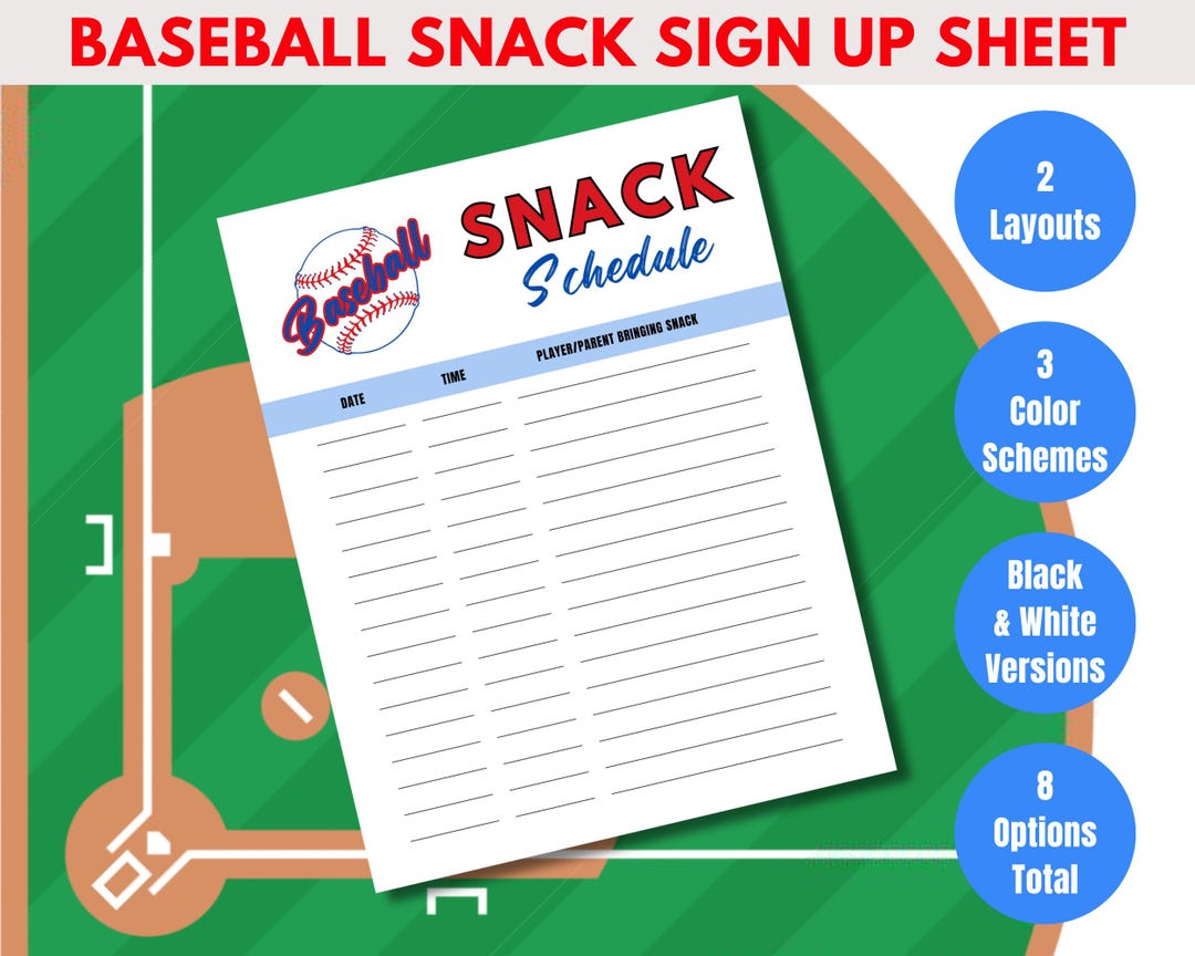Baseball Snack Sign up Sheet, Printable Baseball Snack Schedule, Game ...