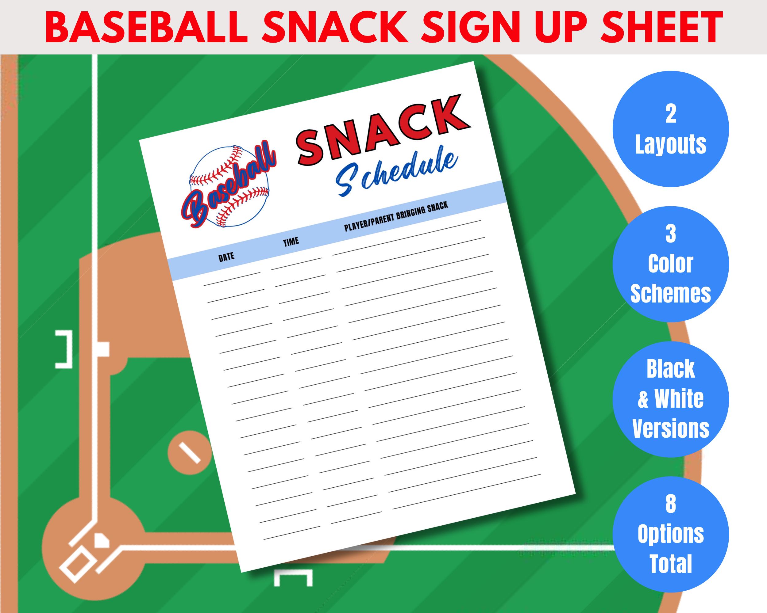 Baseball Snack Sign up Sheet, Printable Baseball Snack Schedule, Game ...