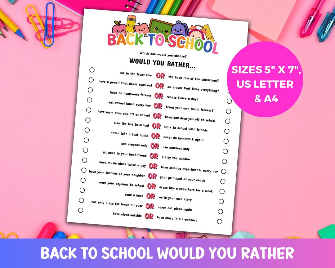 Would You Rather Back to School Printable, First Day of School This or ...