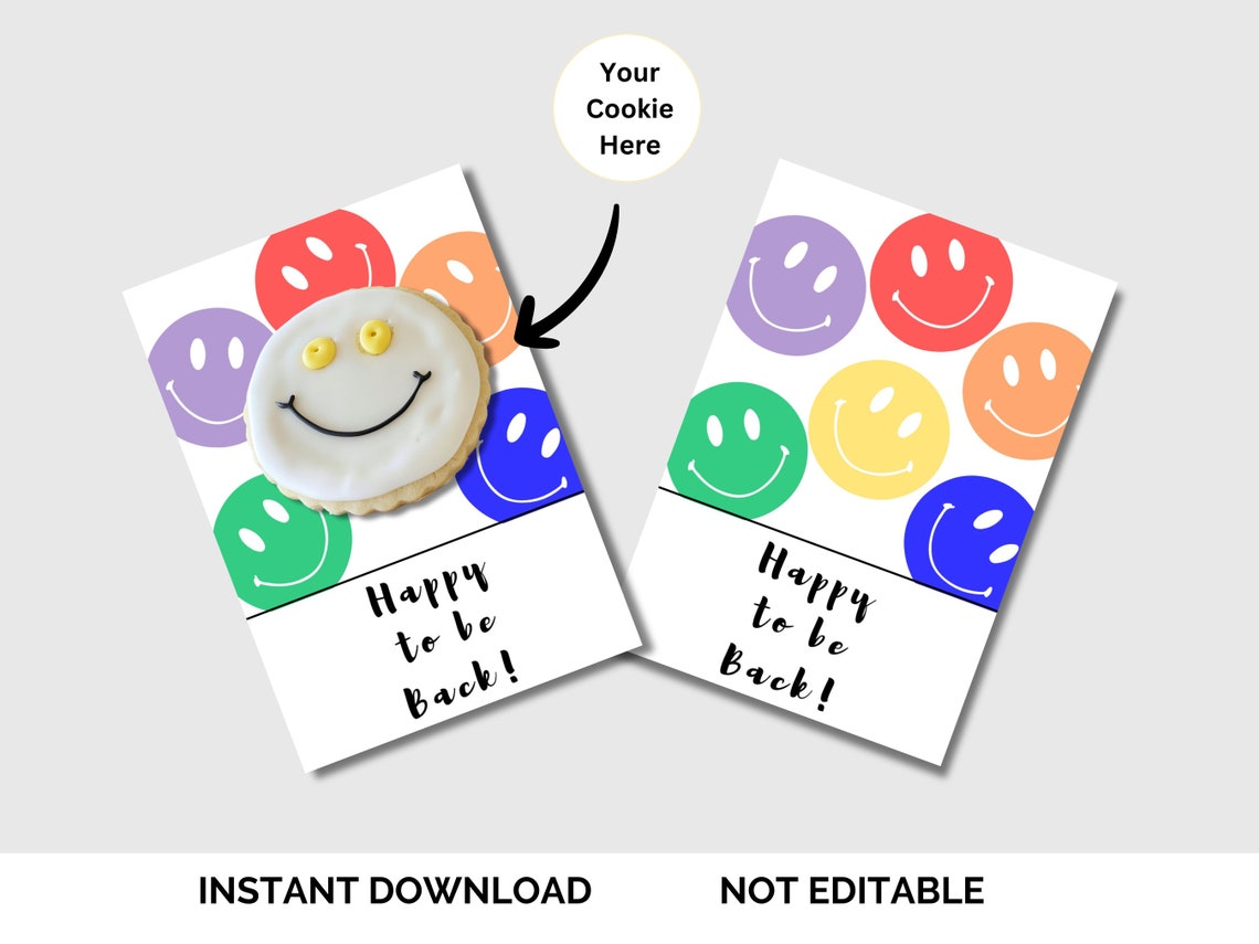 Happy to Be Back Smiley Face Cookie Card Tag Topper, Smiley Emoji Face ...