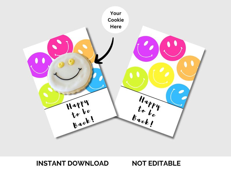 Neon Happy to Be Back Smiley Face Cookie Card Tag Topper, Neon Smiley ...