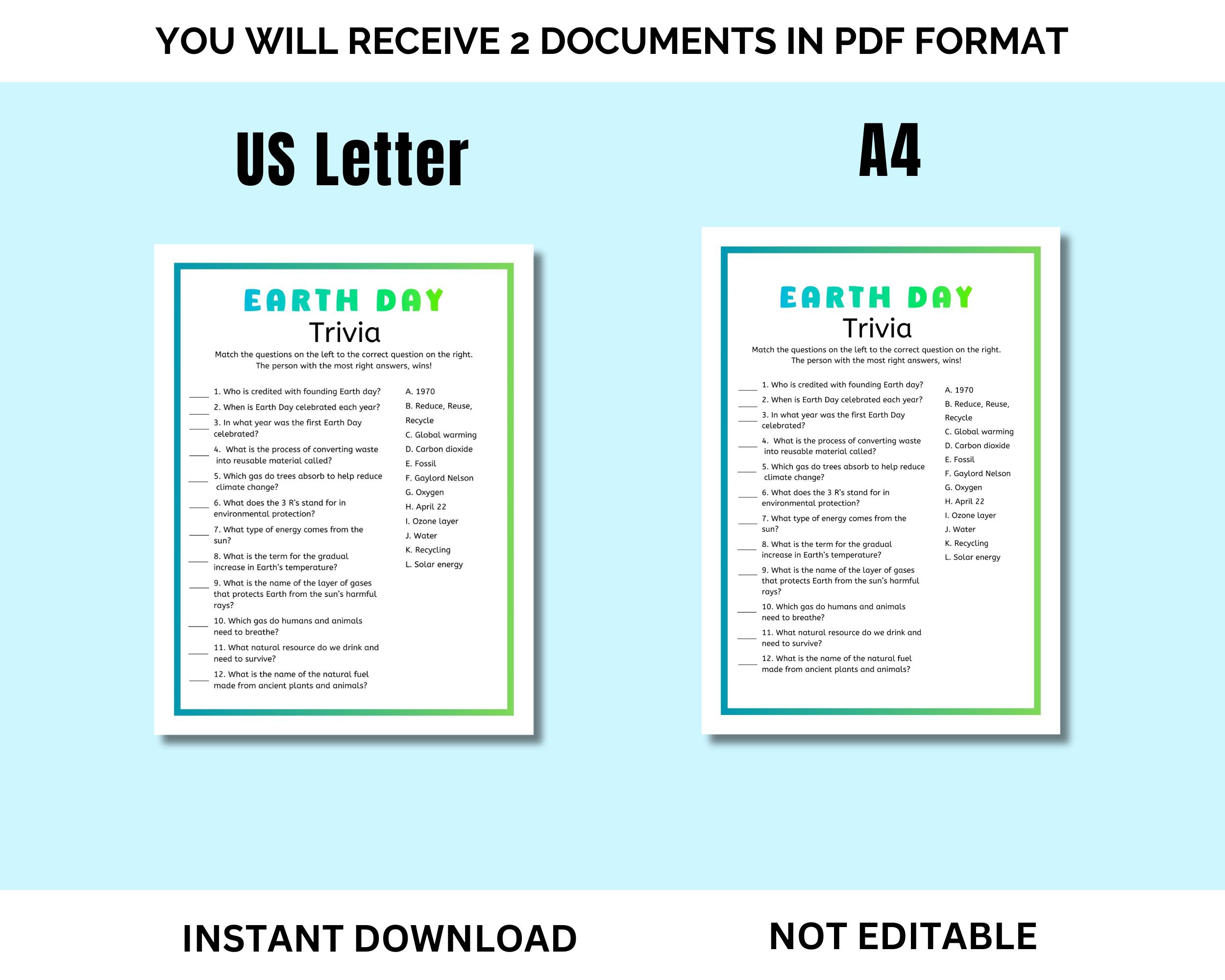 Earth Day Trivia Game Printable, Earth Day Quiz for Kid, Educational ...