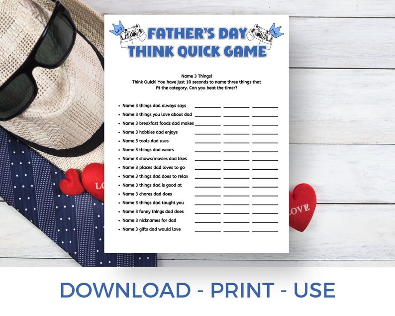Fathers Day Think Quick Game Printable, Fun Fathers Day Activity for ...