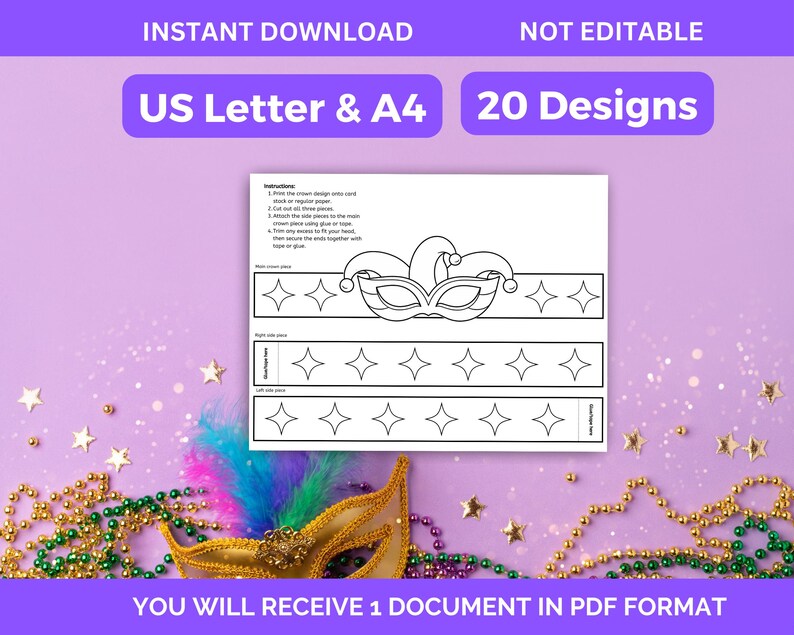 Mardi Gras Mask Paper Crowns Printable, Fat Tuesday Headband Craft for ...