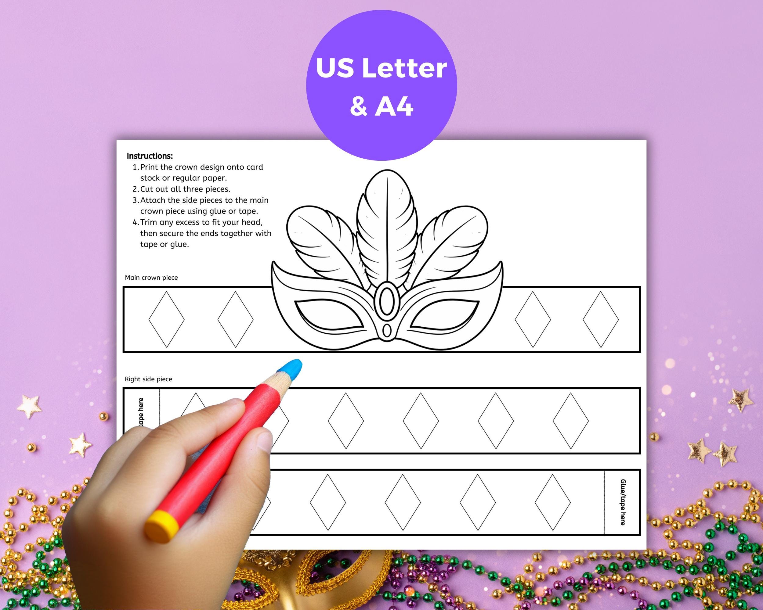 Mardi Gras Mask Paper Crowns Printable, Fat Tuesday Headband Craft for ...