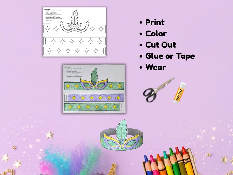 Mardi Gras Mask Paper Crowns Printable, Fat Tuesday Headband Craft for ...