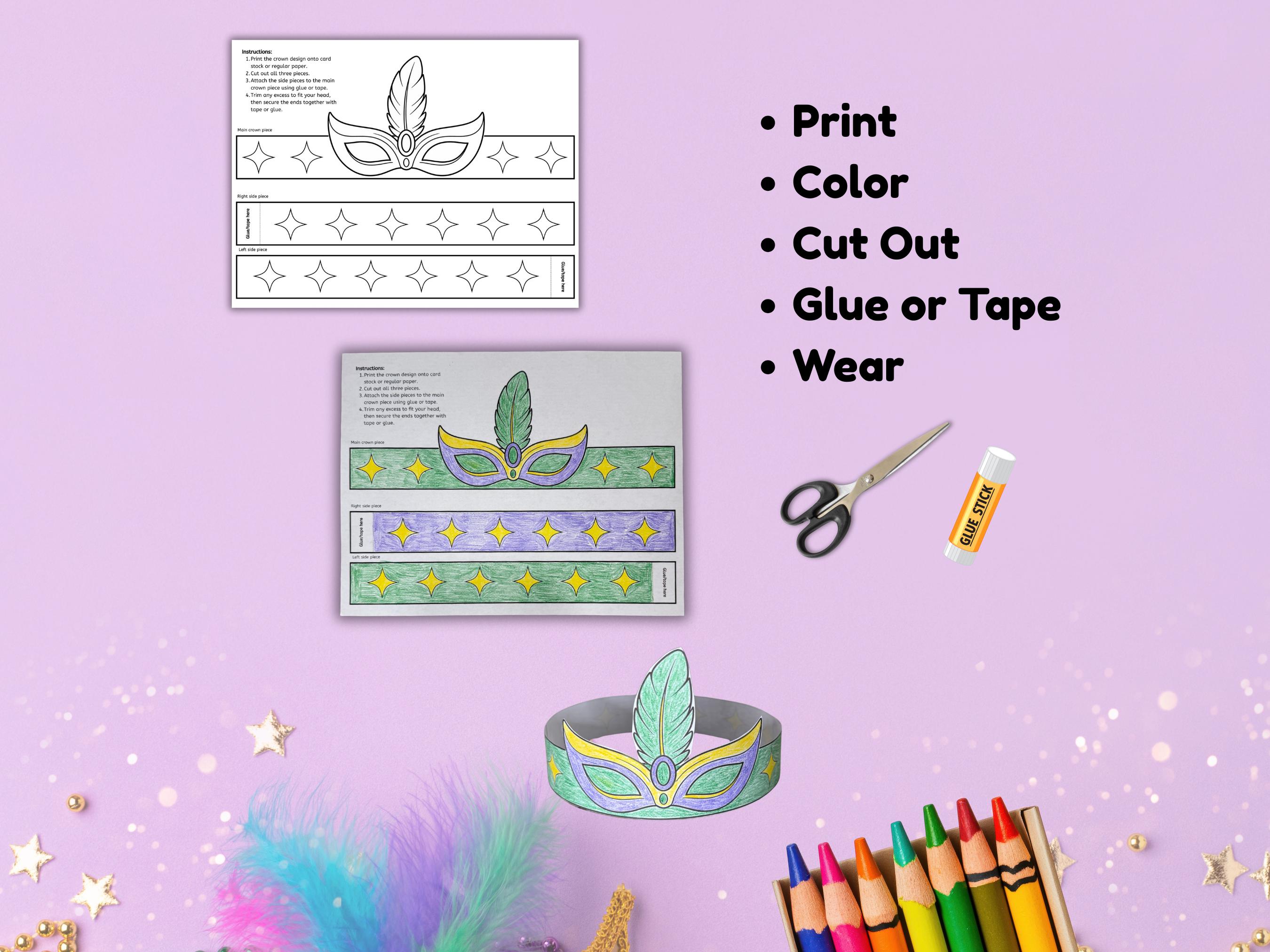 Mardi Gras Mask Paper Crowns Printable, Fat Tuesday Headband Craft for ...