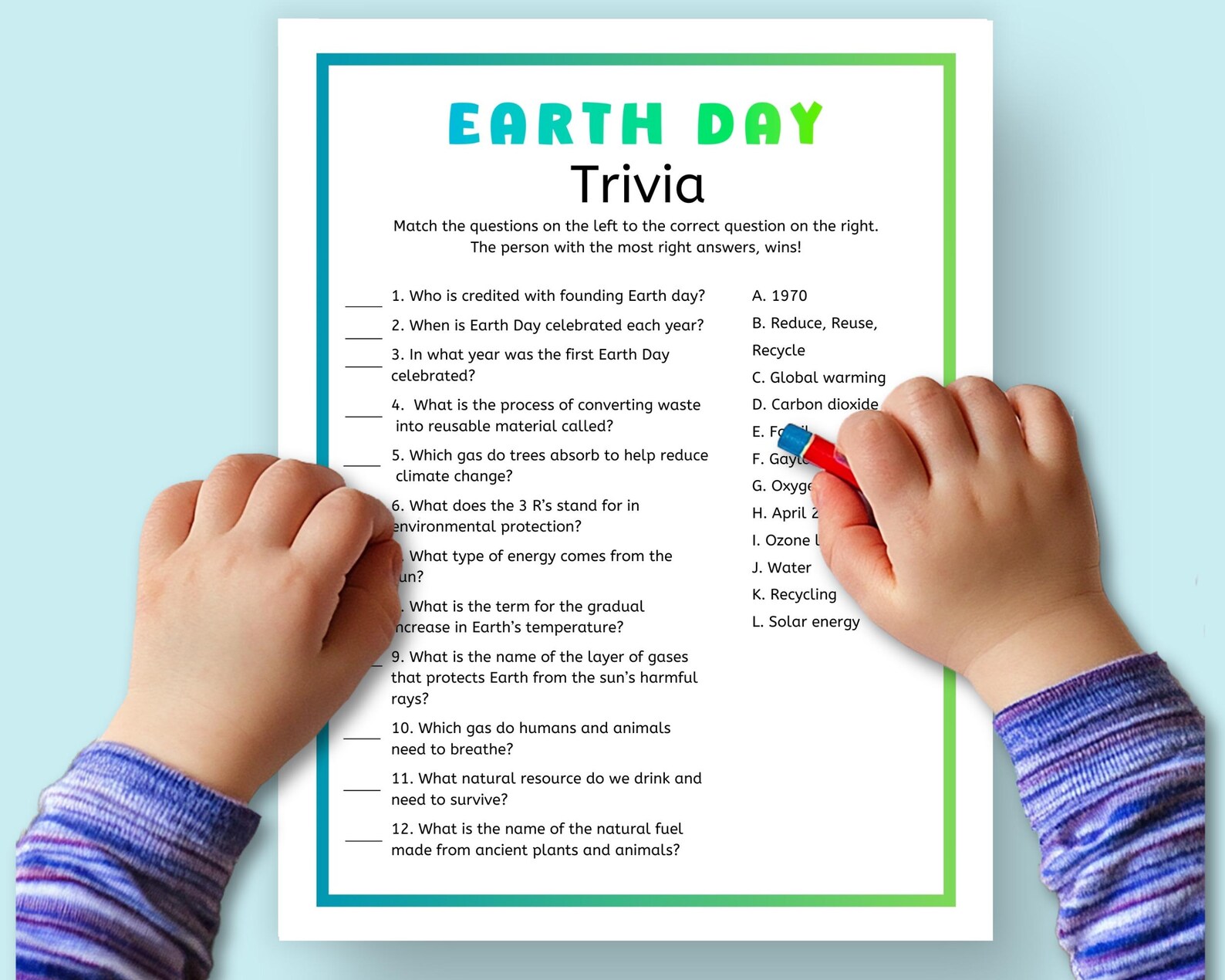 Earth Day Trivia Game Printable, Earth Day Quiz for Kid, Educational ...