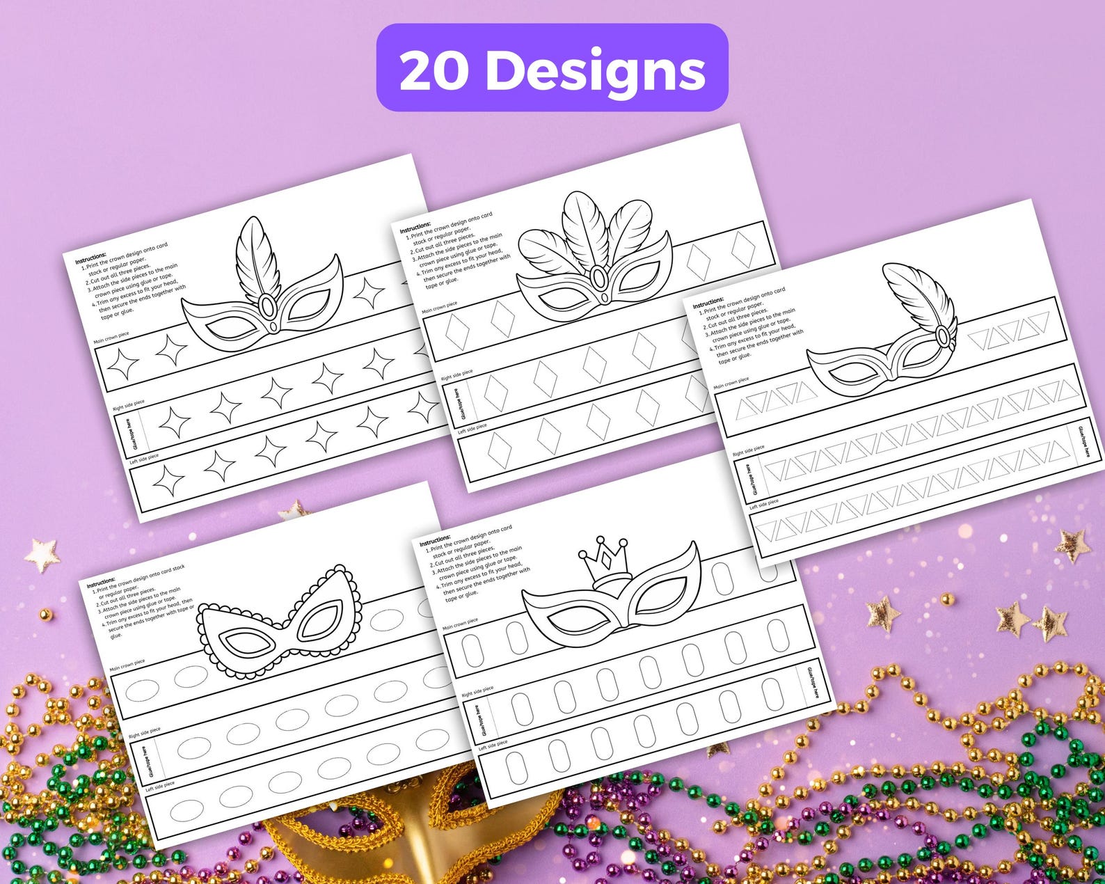 Mardi Gras Mask Paper Crowns Printable, Fat Tuesday Headband Craft for ...