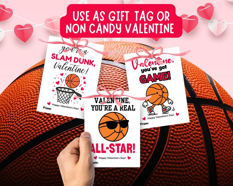 Basketball Valentine Gift Tag Card, Printable Sports Valentines Day ...