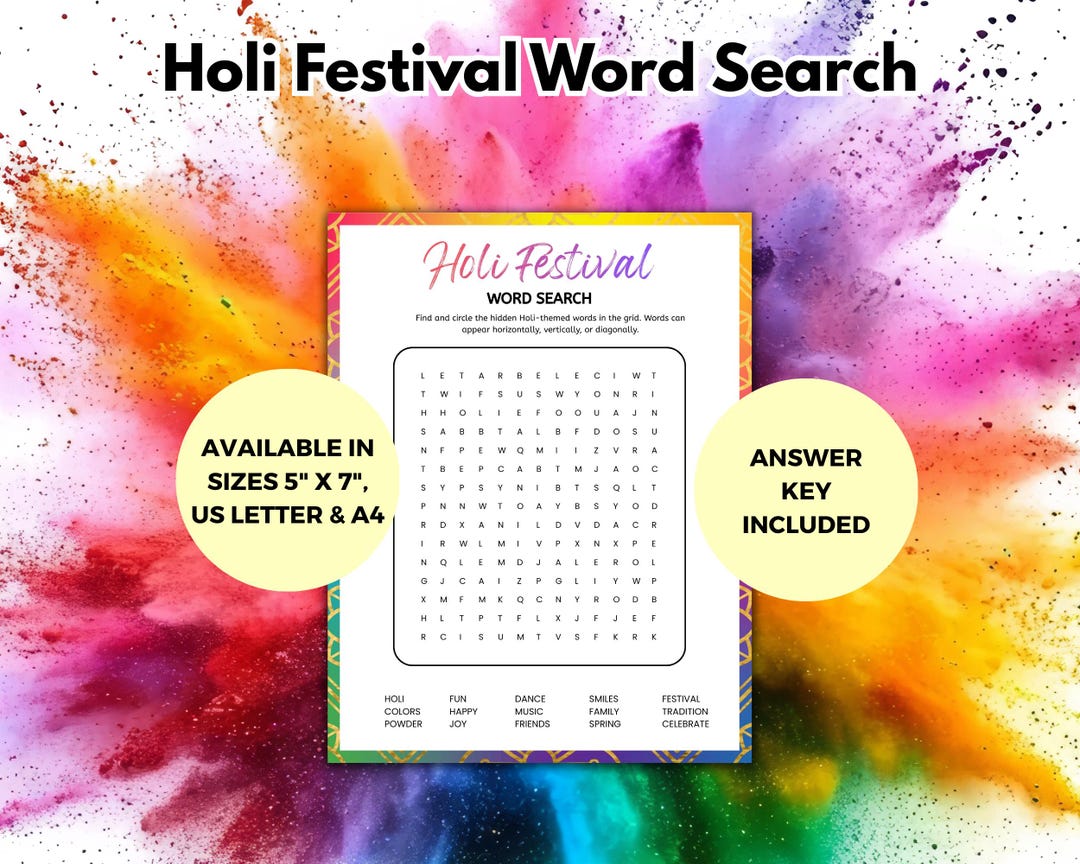 Holi Word Search for Kids, Indian Festival Word Find, Hindu Holiday ...