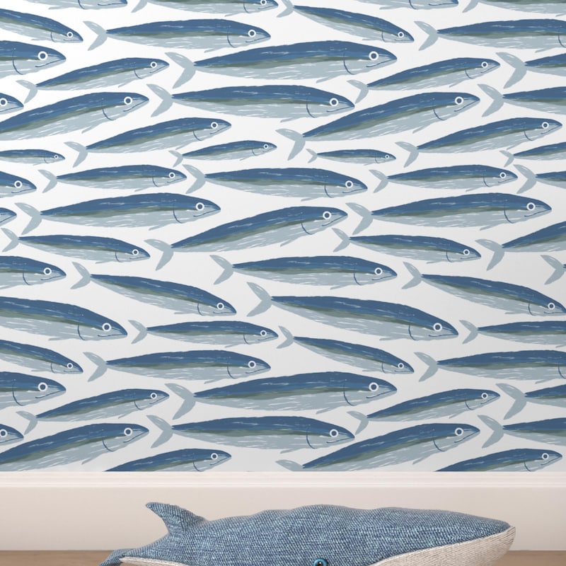 Blue and White Fish Wallpaper - Etsy