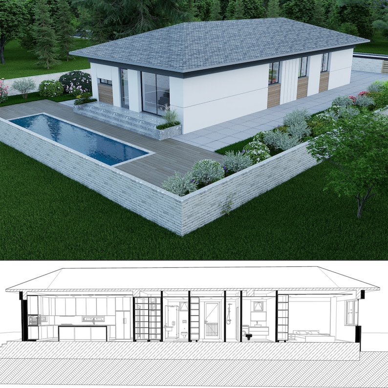 Modern House Plan: Single Story, 3 Bed, Pool (CAD Files) - Etsy