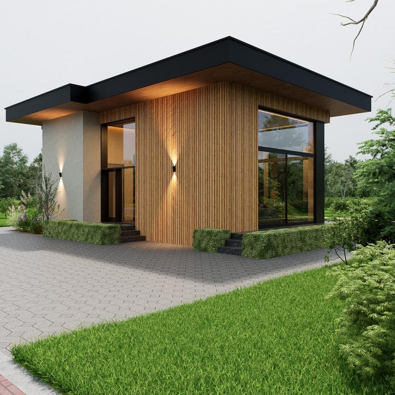 Modern Tiny Villa House Plan: 1 Bedroom, 690 Sq Ft (PDF + DWG) - Etsy
