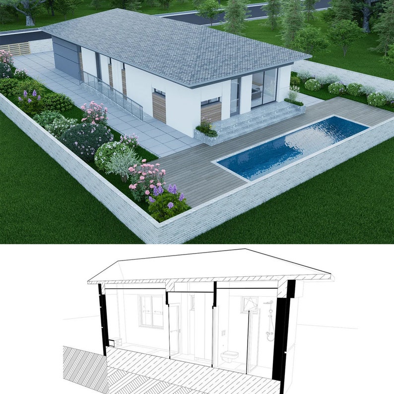 Modern House Plan: Single Story, 3 Bed, Pool (CAD Files) - Etsy