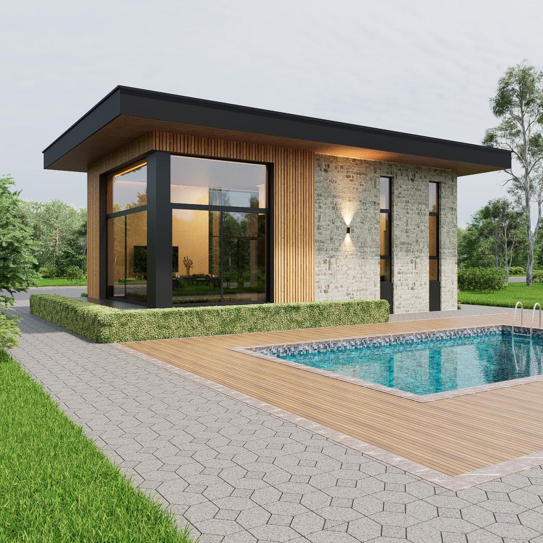 Modern Tiny Villa House Plan: 1 Bedroom, 690 Sq Ft (PDF + DWG) - Etsy