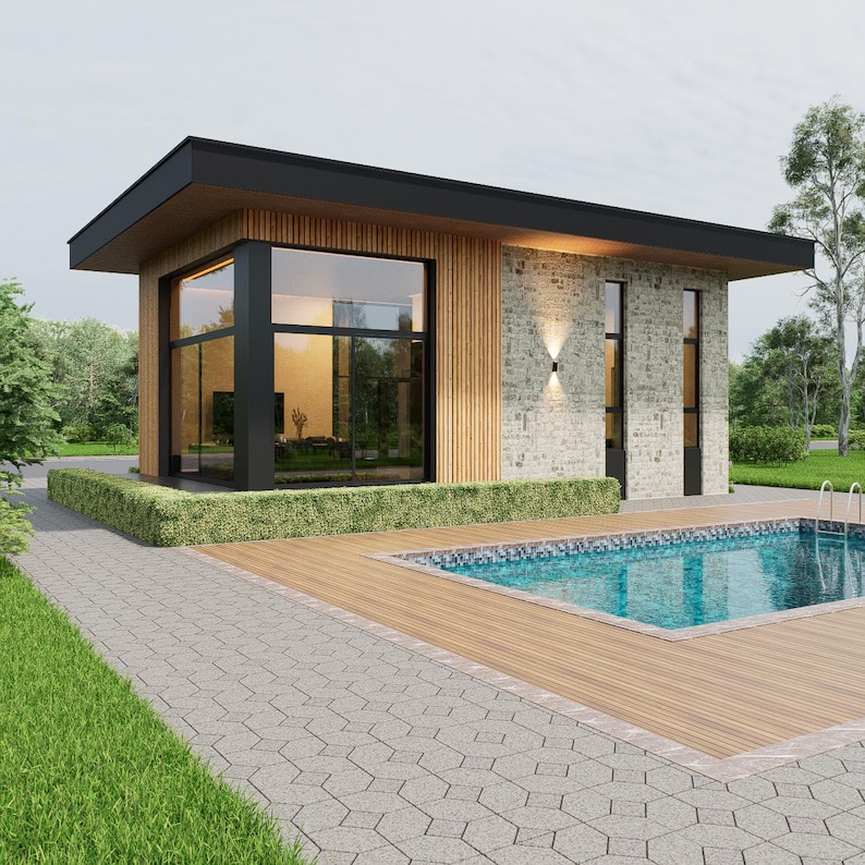 Modern Tiny Villa House Plan: 1 Bedroom, 690 Sq Ft (PDF + DWG) - Etsy