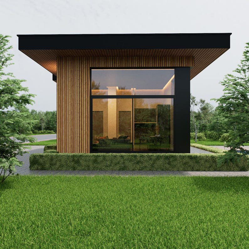 Modern Tiny Villa House Plan: 1 Bedroom, 690 Sq Ft (PDF + DWG) - Etsy