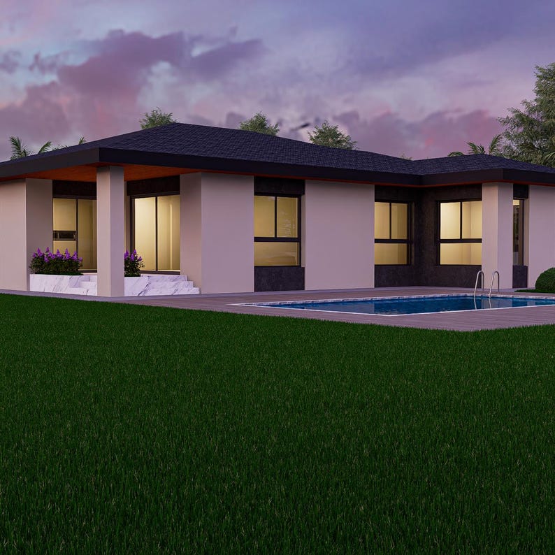 Modern 2 Bedroom House Plan With Pool: PDF, DWG - Etsy