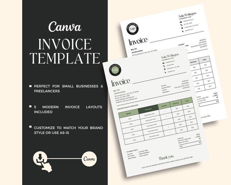 Editable Canva Invoice Templates for Small Business Owners, Service ...