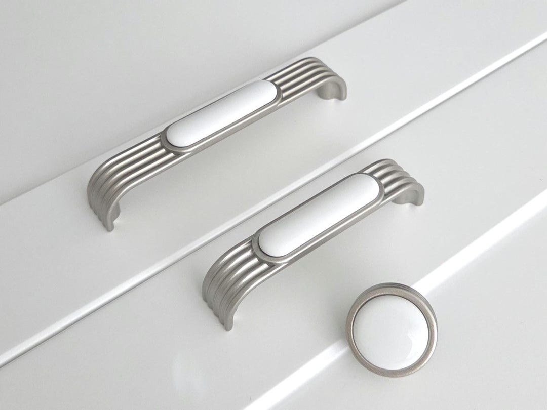 Satin Nickel & White Porcelain Cabinet Hardware: Italian Drawer Pulls ...