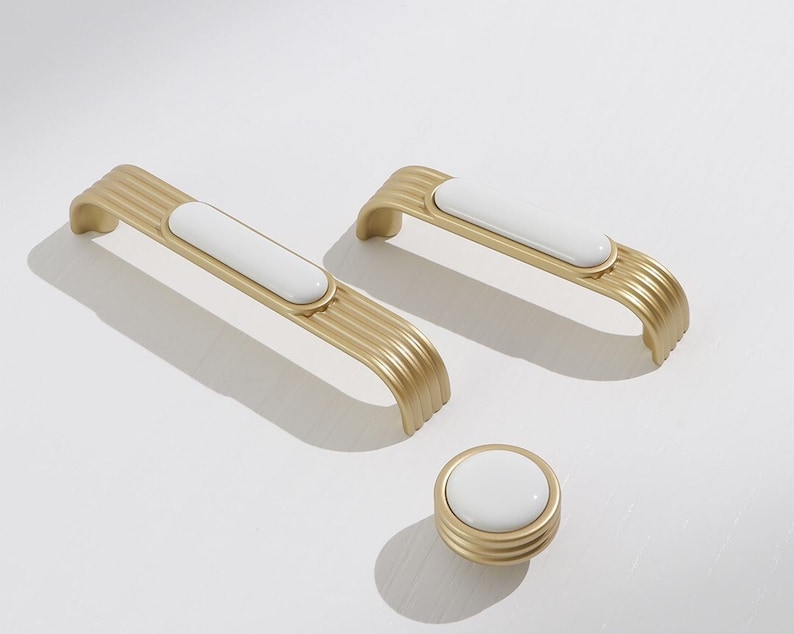 Italian Art Deco Satin Brass & White Ceramic Cabinet Pulls - Etsy