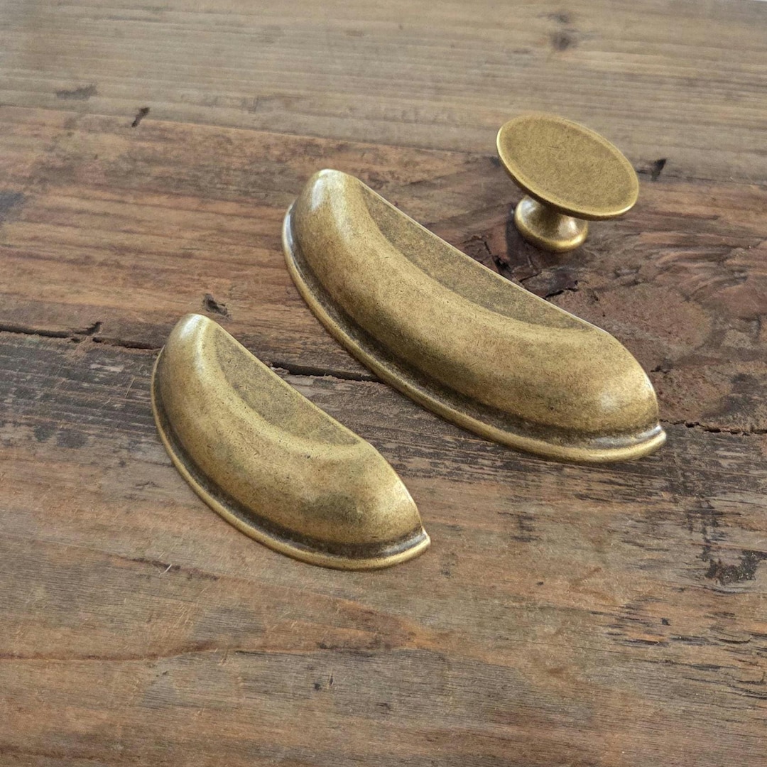 Antique Brass Cup Pulls and Knob Set: Italian Vintage Patina Hardware ...